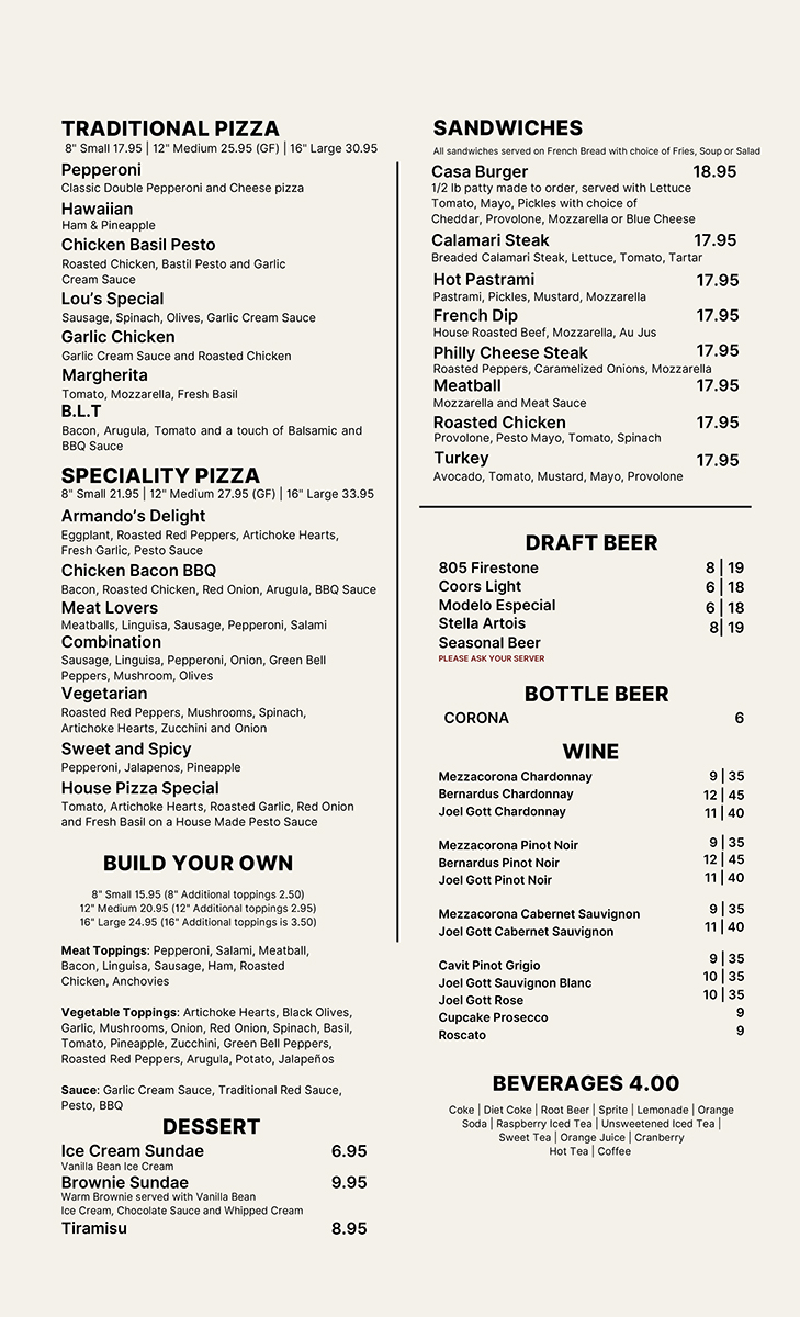 Casa Sorrento Pizzeria Wine & Spirits - Our Menu